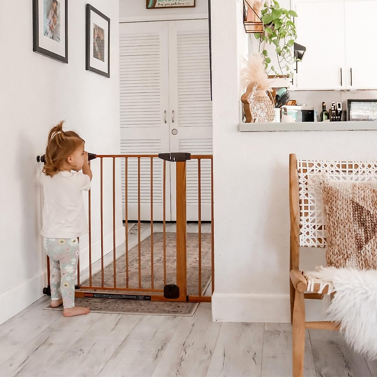 Toddleroo by North States Woodcraft Steel Baby Gate: Self-Closing Child Gate with Hold-Open Feature. Pressure Mounted Baby Gate with Door, Fits Openings 29.75” to 40.5” Wide. (30" Tall, Brown)