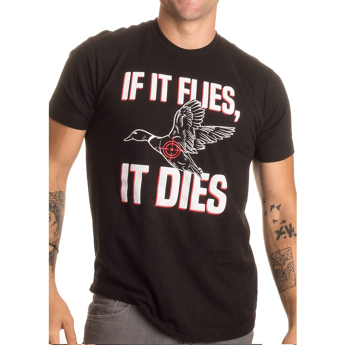 Ann Arbor T-shirt Co. If it Flies, it Dies | Funny Duck Goose Grouse Bird Fowl Hunting Hunter T-Shirt-(Adult,M) Black