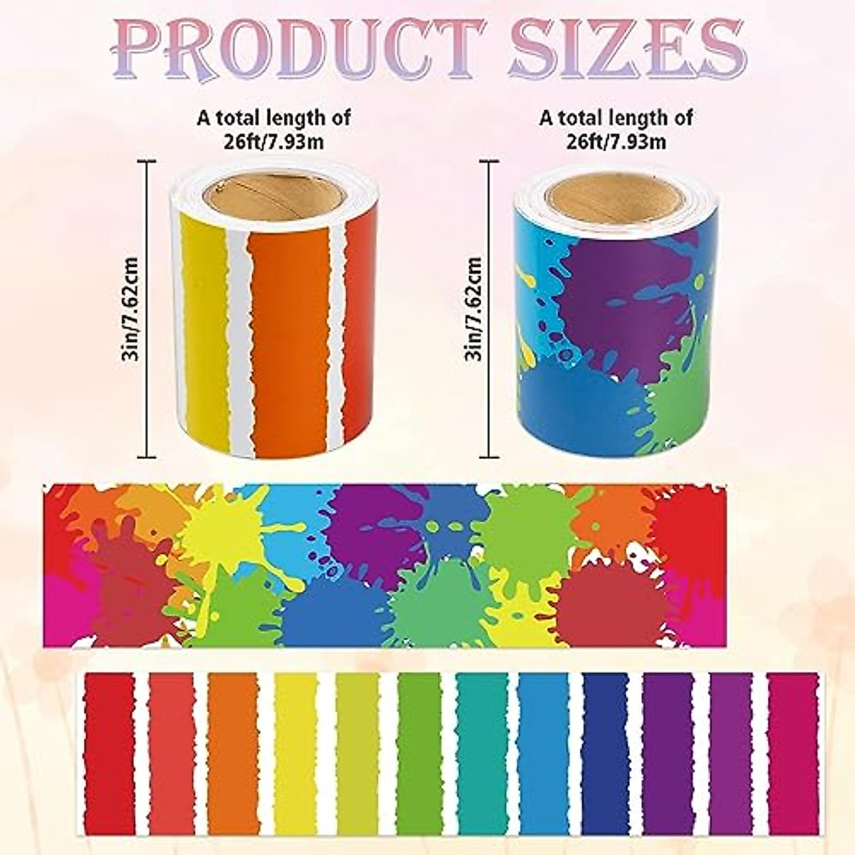 52ft Bulletin Board Border Decorations - 2 Rolls Rainbow Stripes Straight and Ink-Splashing Rolled Border Trim for School Classroom Bulletin Board Chalkboard Decor