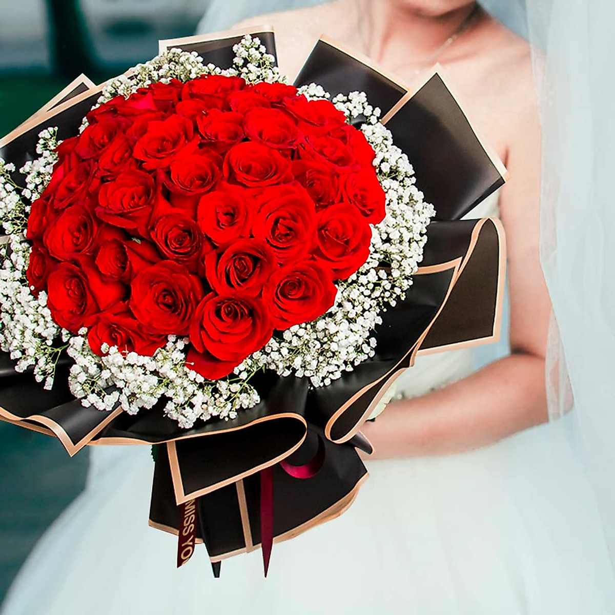 120 Pcs Gold Edge Flower Wrapping Paper, Pure Color Translucent Waterproof Bouquet Wrapping Paper Florist Paper for Bouquets Gift Wedding DIY Crafts Packaging(Black)