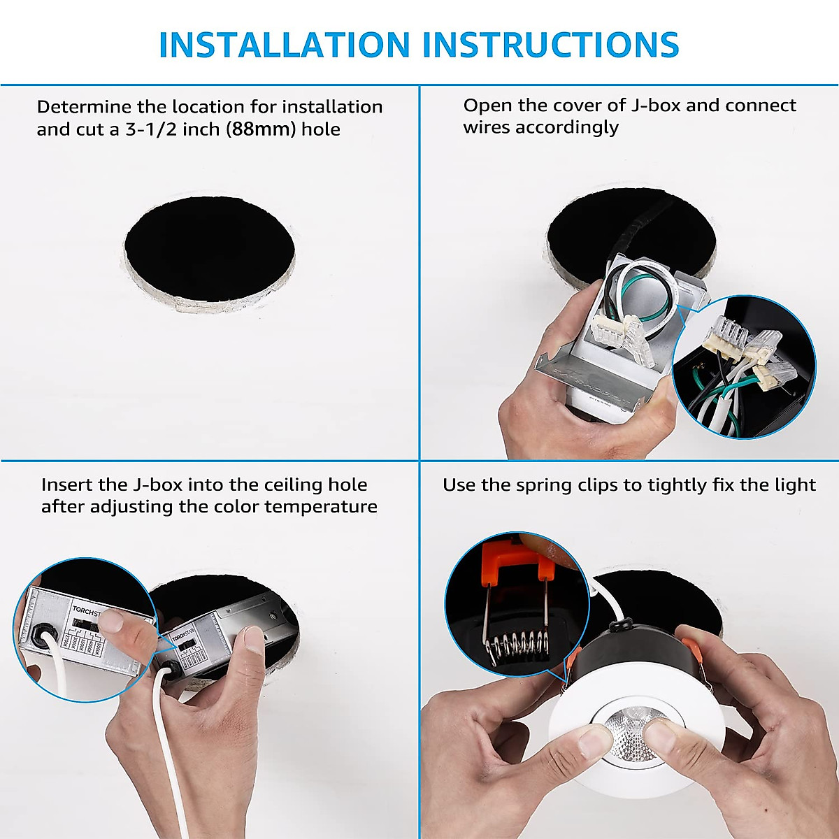 TORCHSTAR 12-Pack 5CCT 3 Inch Gimbal LED Recessed Light, 7W CRI90+ Dimmable Adjustable Eyeball Canless LED Downlight, 2700K/3000K/3500K/4000K/5000K Selectable, Airtight IC, ETL