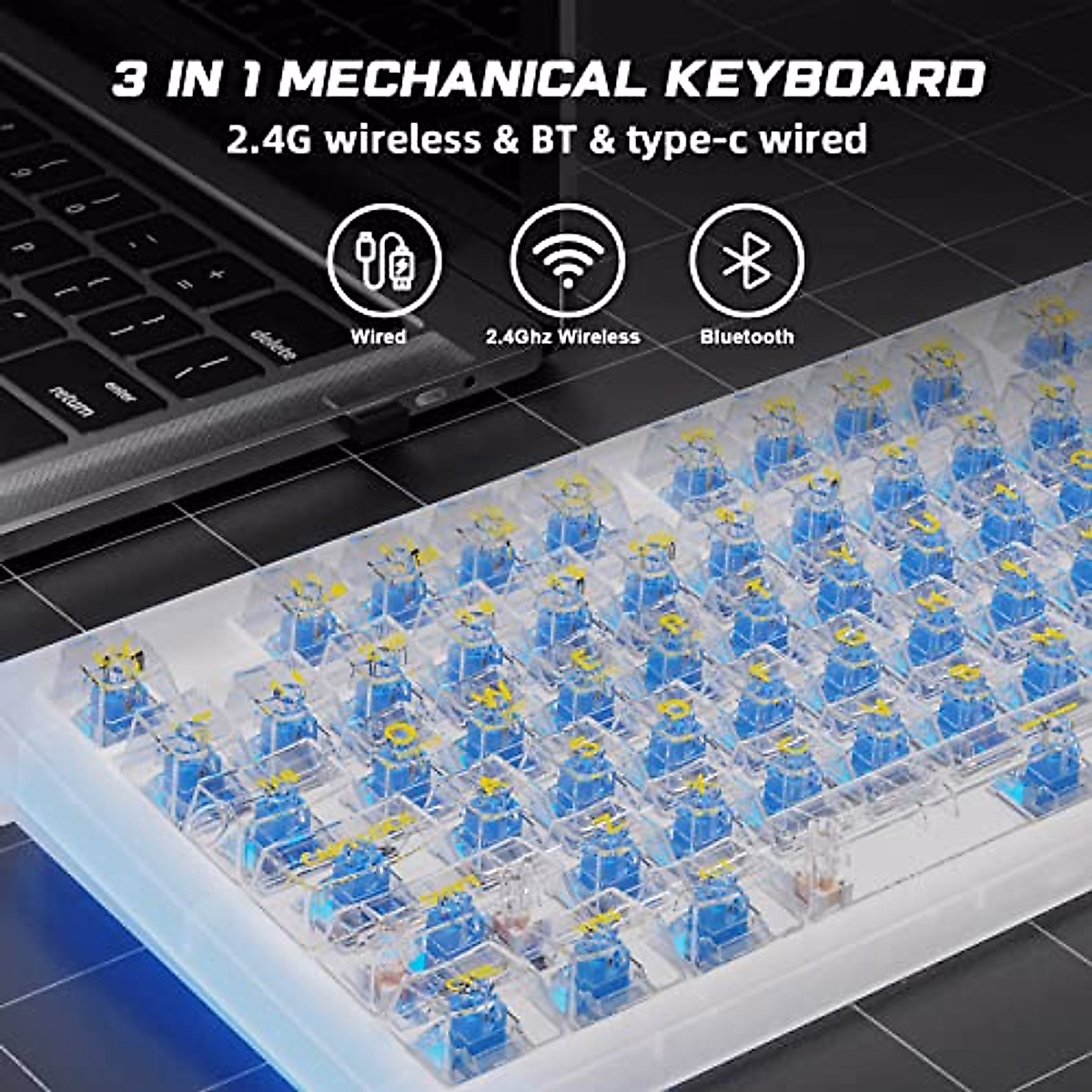 AULA Wireless Mechanical Keyboard, 3 in 1 Hot Swappable RGB Mechanical Gaming Keyboard with Transparent keycaps, 17 RGB Modes and 19 Side Light Modes, 87 Keys Anti-ghosting for Windows Mac PC Gamers