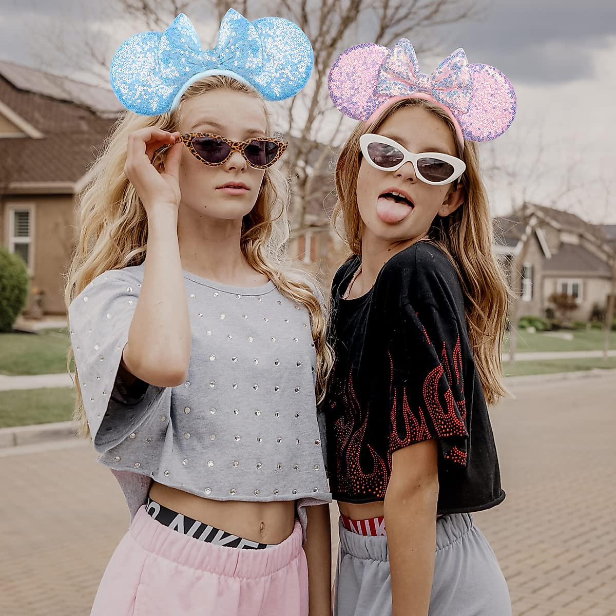 Mouse Ears headband,2pcs Sequin Headband Glitter Hairband for Baby Shower Headwear Halloween Theme Party Decorations (Pink&Blue)