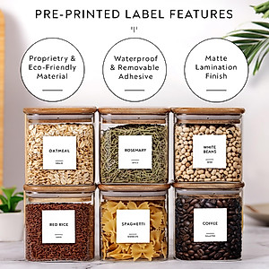 Laramaid 27oz 6Packs Square Glass Jars Set with Minimalist Pantry Labels, Square Pantry Jars with Bamboo Lids and White Customized Sticker Labels, Food Storage Containers for Home