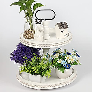 Carah&Cossh Distressed White Wood Two-Tier Tray with Metal Handle, Two Tier Stand with Beads，Farmhouse 2 Tier Serving Tray for Coffee Bar, Kitchen Counter, Dining Room Table(White)