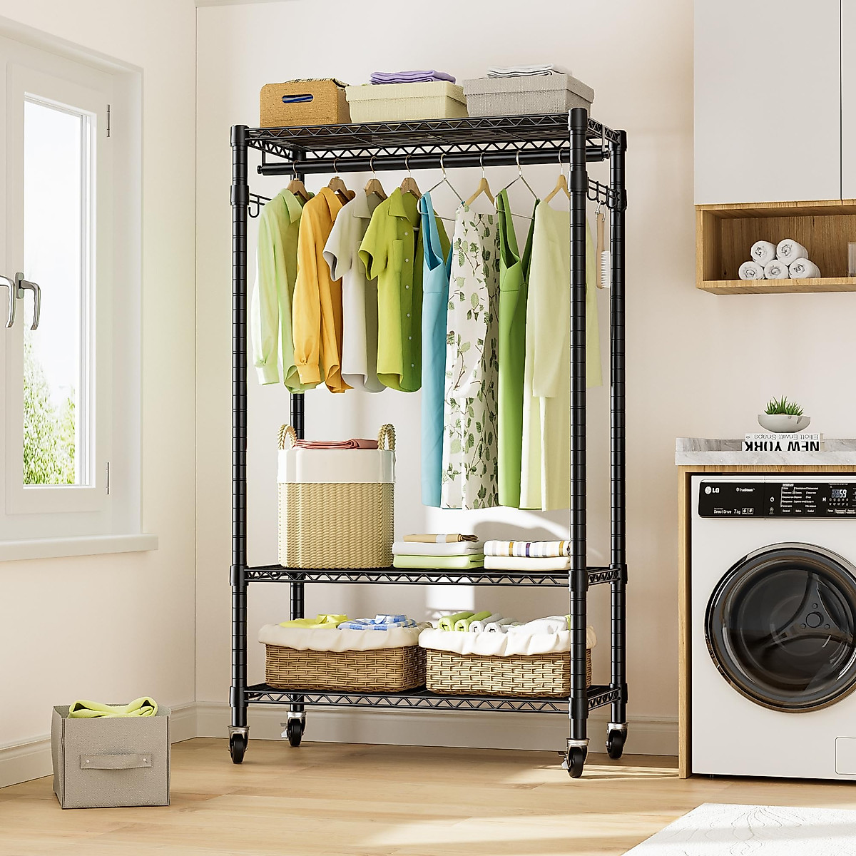 SEMHOR S3-M Portable Closets Rolling Clothes Rack 3 Tier Heavy Duty Clothing Rack with 2 Hanging Rod and 2 Side Hooks, Freestanding Adjustable Wardrobe Garment Rack for Bedroom Laundry