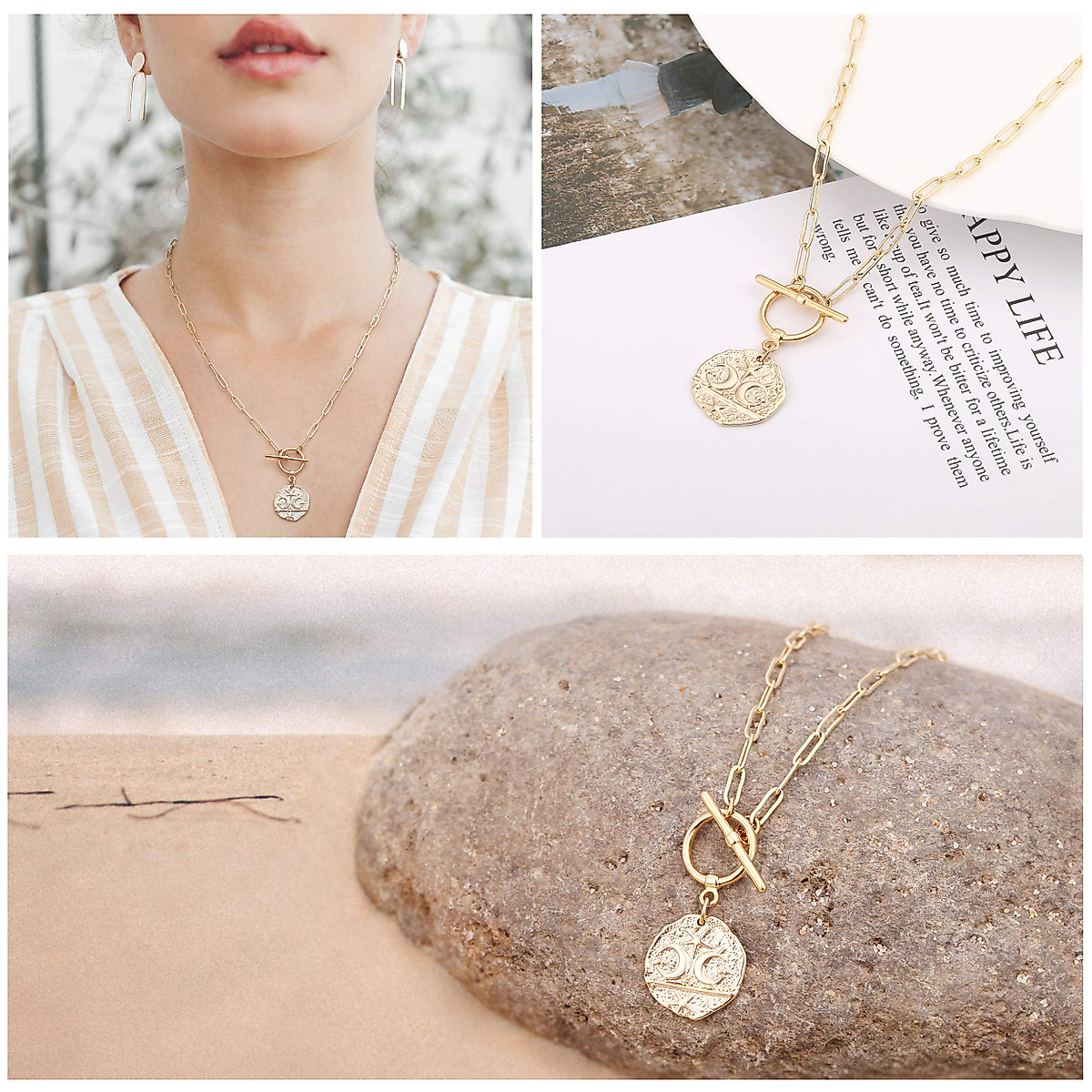 Aobei Pearl Moon and Star Medallion Pendant Necklace 18k Gold Oval Link Chain Choker Large Celestial Charm Layering Jewelry 20’’