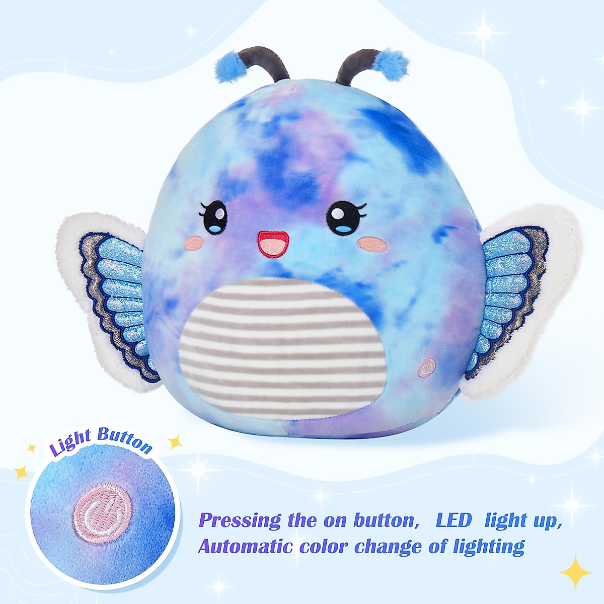 Houwsbaby 12” Blue Light Up Butterfly Plush Pillow with LED Blue Butterfly Stuffed Animal Plush Toy Plushie Toy Squishy Pillow Birthday Christmas Valentine Presents for Kids Boys Girls