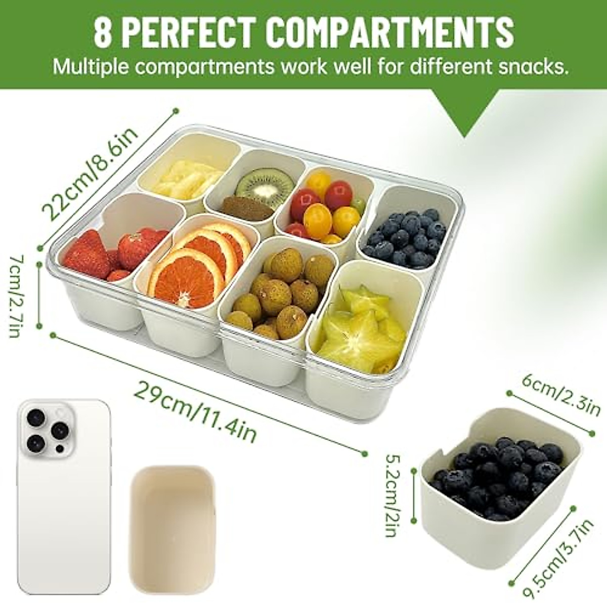 Ztaussi Snack Containers, 1pc Snackle Box Charcuterie Container 8 Compartment Divided Serving Tray with Lid and Handle,Portable Snack Platters Travel Food Organizer (1pc(8 Compartment))