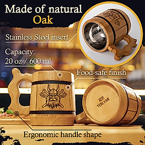 TESLYAR Beer Mug 20 OZ - Viking mug - Tankard Mug - Beer stein - Wooden beer mug - Handmade Gifts for Men | Fathers Day | Christmas | Birthday Gifts | Norse & Celtic Men Mugs - Light Viking