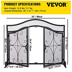 VEVOR Fireplace Screen, 39 x 26.6 Inch, Double Door Iron Freestanding Spark Guard with Support, Metal Mesh Craft, Broom Tong Shovel Poker Included for Fireplace Decoration & Protection, Black