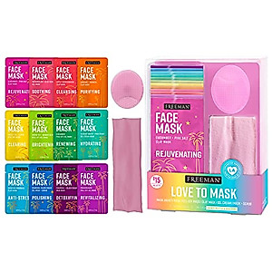 FREEMAN Facial Love To Mask Variety Pack: Oil Absorbing Clay, Detoxifying Charcoal, Clearing Peel Off, Hydrating Gel Cream, Exfoliating Scrub, 14 Piece Kit with Bonus Buffer and Headband