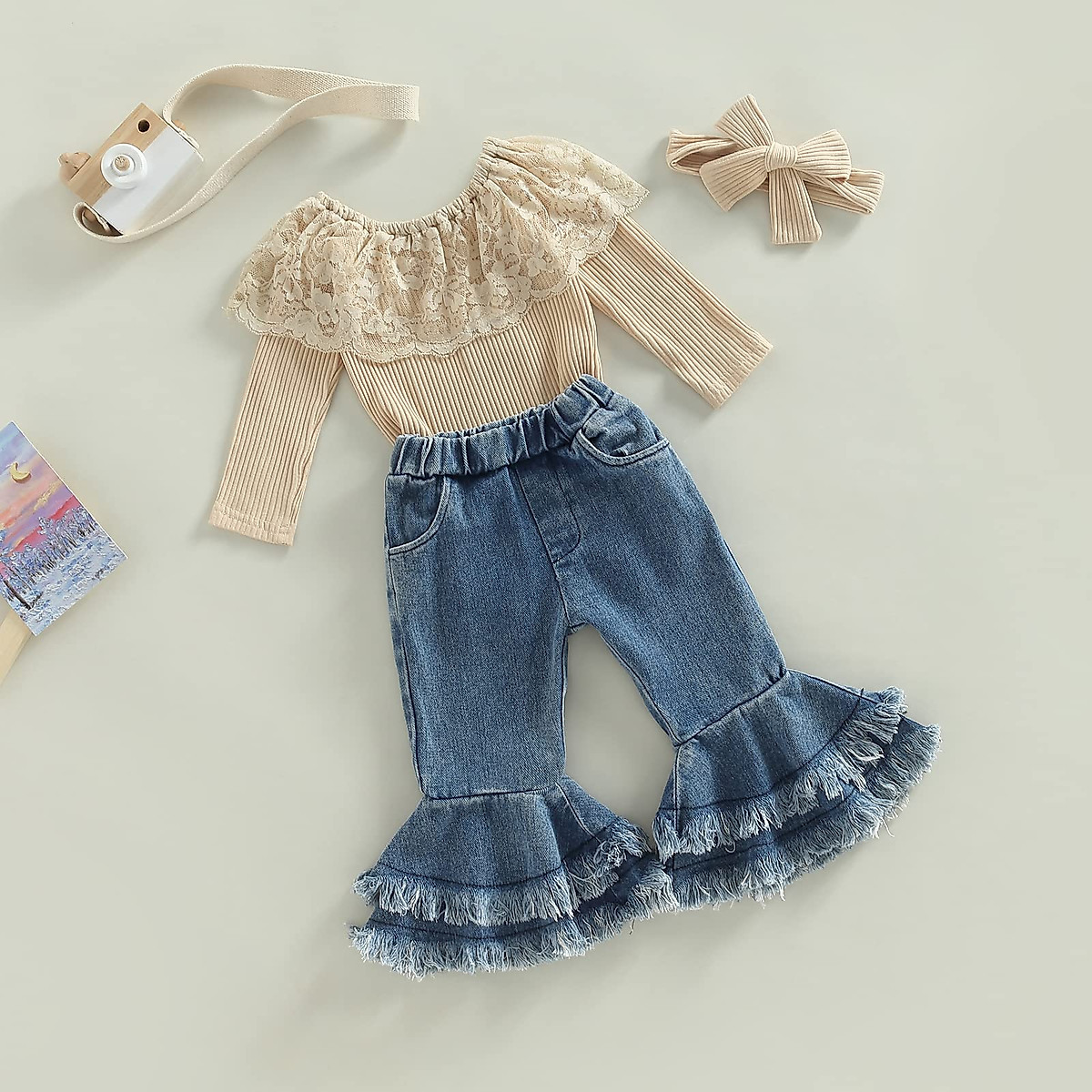 Balaflyie Infant Baby Girl Clothes Outfits Floral Ruffle Collar Long Sleeve Romper+Denim Flare Pants Bell Bottom Jeans
