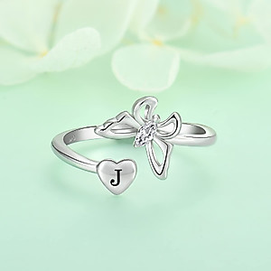STARCHENIE Butterfly Initial Ring for Women 925 Sterling Silver Letter J Alphabet Adjustable Ring Size 7