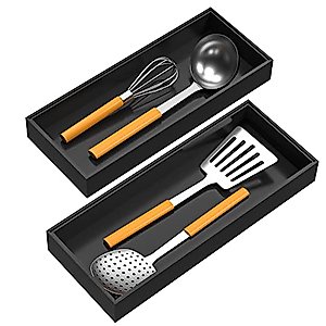 VeyFey Bamboo Drawer Organizer, Stackable Utensil Organizer for Kitchen, Black Silverware Tray for Drawer 15" x 6" x 2" Set of 2