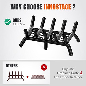 INNO STAGE Fireplace Grates with Ember Retainer - 17 Inch Fireplace Log Grate, Firewood Wood Log Holder Rack, Inside Wrought Cast Iron Fire Grate for Hearth Indoor Outdoor Camping