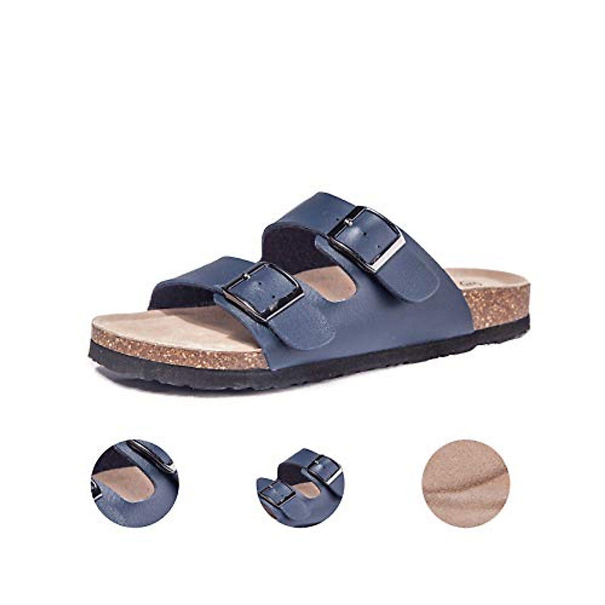 TF STAR Women 2-Strap Adjustable Buckle, Flat Casual Cork Slide Sandals,Slide Cork Footbed Sandals for Women/Ladies/Girls Navy
