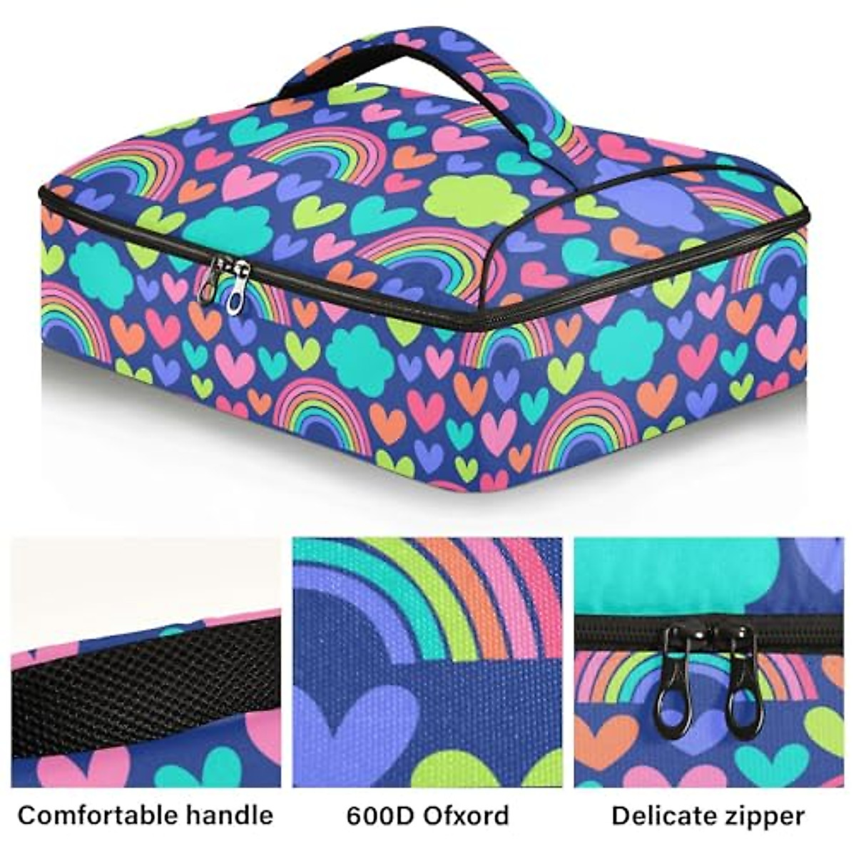 Kcldeci Insulated Thermal Food Carrier Insulated Casserole Carrier for Hot or Cold Food,Colorful Heart Rainbow and Cloud Insulated Tote Bag for Potluck Cookouts Parties Picnic,Lasagna Lugger