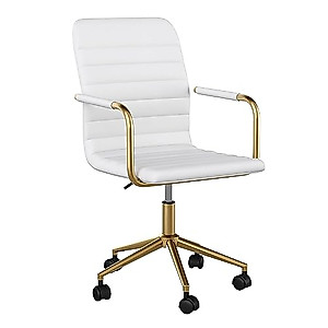 Martha Stewart Taytum Swivel Task Chair with Armrests for Home Office in White Faux Leather with Polished Brass Frame