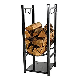 Sunnydaze Firewood Log Rack with Tool Holder Hooks - Indoor/Outdoor Durable Powder-Coated Steel Space-Saving Design - Black