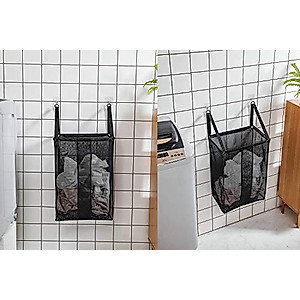 ALYER Wall Hanging Mesh Laundry Hamper,Over The Door Large Storage Bag with Big Metal Rim Opening,Hardware Included (Black)