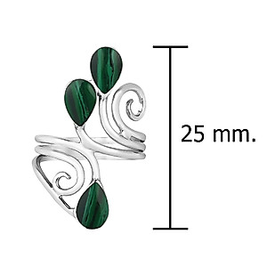 Floral Vine Ornate Teardrop Green Malachite Sterling Silver Ring (10)