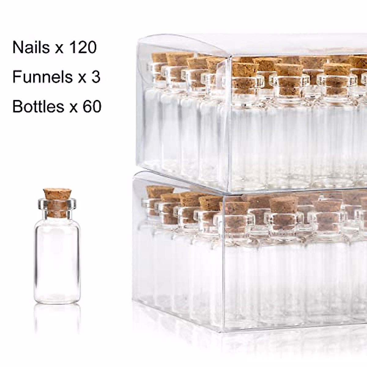 SUPERLELE 60pcs 2ml Small Mini Glass Bottles Jars with Cork Stoppers, 120pcs Eye Screws and 3pcs Small Funnels