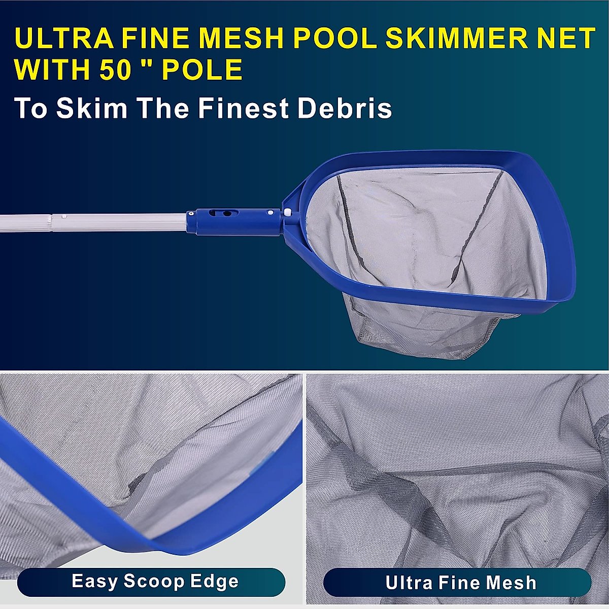 POOLAZA Pool Skimmer Net & Pool Brush Head with 50'' Aluminum Pool Pole, Fine Mesh Pool Net Skimmer Plus 14" Sturdy Pool Brushes for Cleaning Pool Walls, Ideal Pool Cleaning Kit for Above Ground Pool