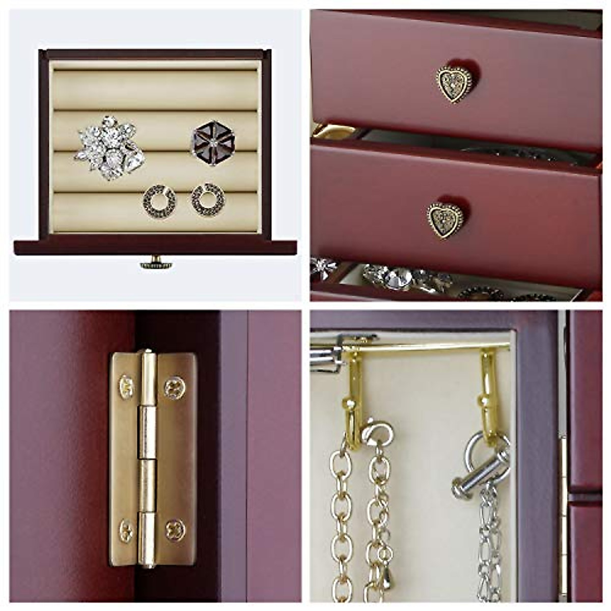 RR ROUND RICH DESIGN Jewelry Box - Made of Solid Wood with Cabinet Type 4 Drawers Organizer and 2 Doors on Sides - Dark Brown