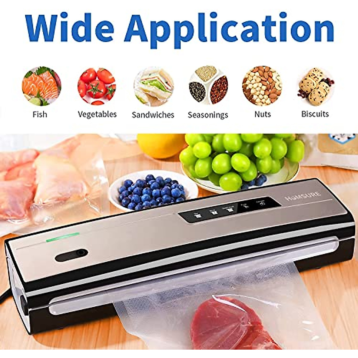 HUMSURE Vacuum Sealer Machine, Manual Food Vacuum Sealer & Powerful Automatic with Strong Suction & Easy Operation, Compact & Multipurpose Sous Vide Vacuum Sealer for Long-Lasting Food Preservation (black)
