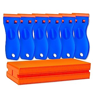 Plastic Razor Blade Scraper Tool, 6 Pcs Razor Scraper with 60 Pcs Plastic Blades, Cleaning Scraper Remover for Removal Floor Stove Scraping Labels and Decals Sticker on Car Window Glass