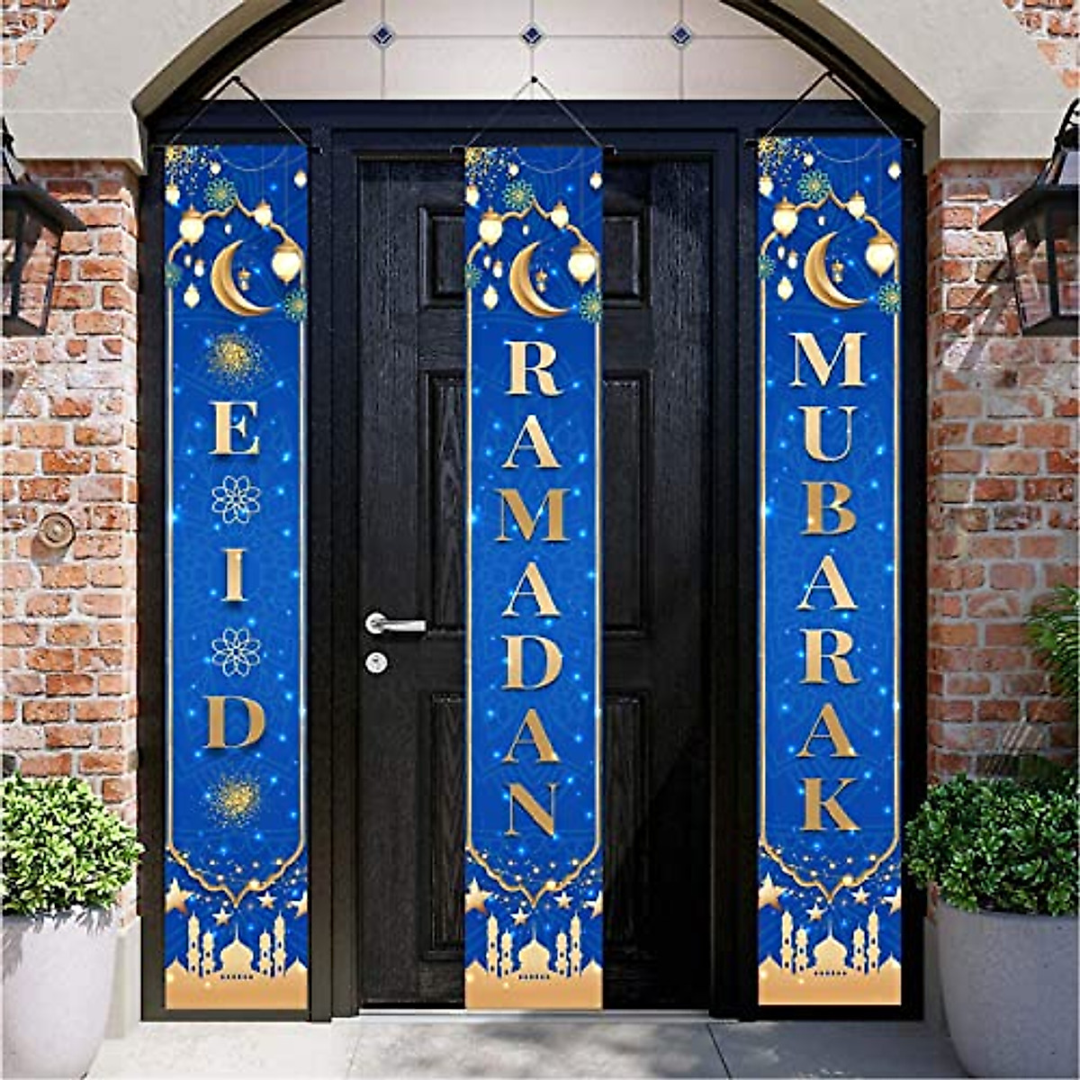 Eid Mubarak Porch Sign Banner Ramadan Mubarak Hanging Decoration, Eid Mubarak Banner Front Door Hanging Sign Indoor/Outdoor Decorations