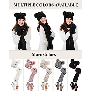 Women's Winter Hat, Glove & Scarf Set - Fleece Lined Beanie with Pom Pom, Touchscreen Gloves, Knit Scarf Neck Warmer