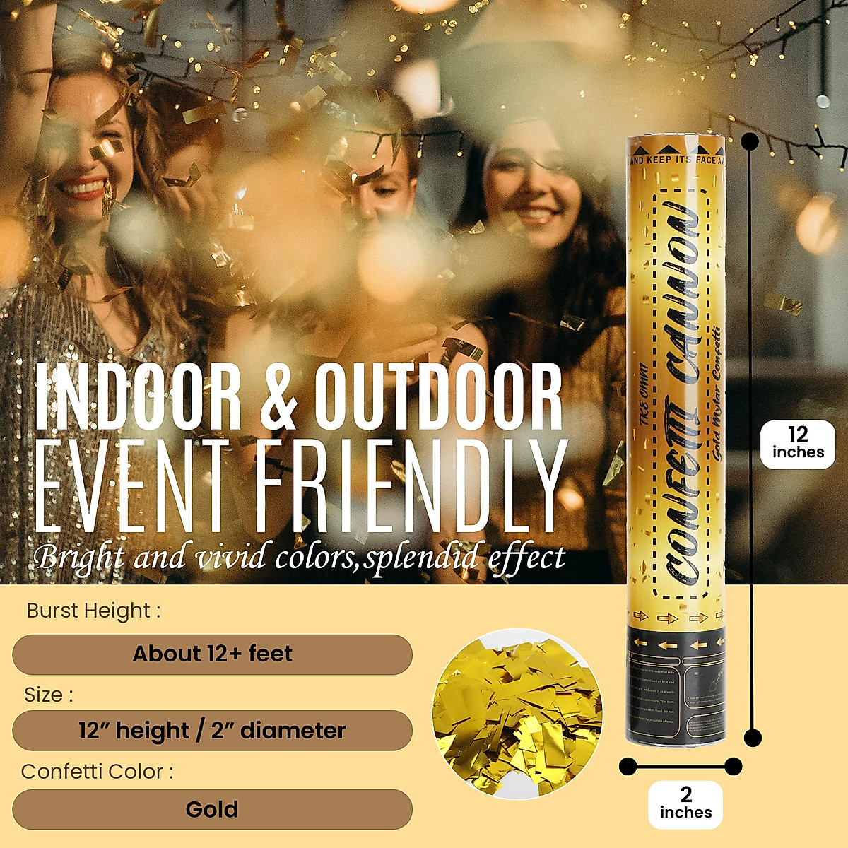 TKE OMNI 12 Inch Confetti Cannons (6 Pack) – Gold Mylar Confetti Poppers - Air Powered Party Poppers Confetti Shooters for Birthday, Wedding, Graduation, Christmas, New Year Celebrations