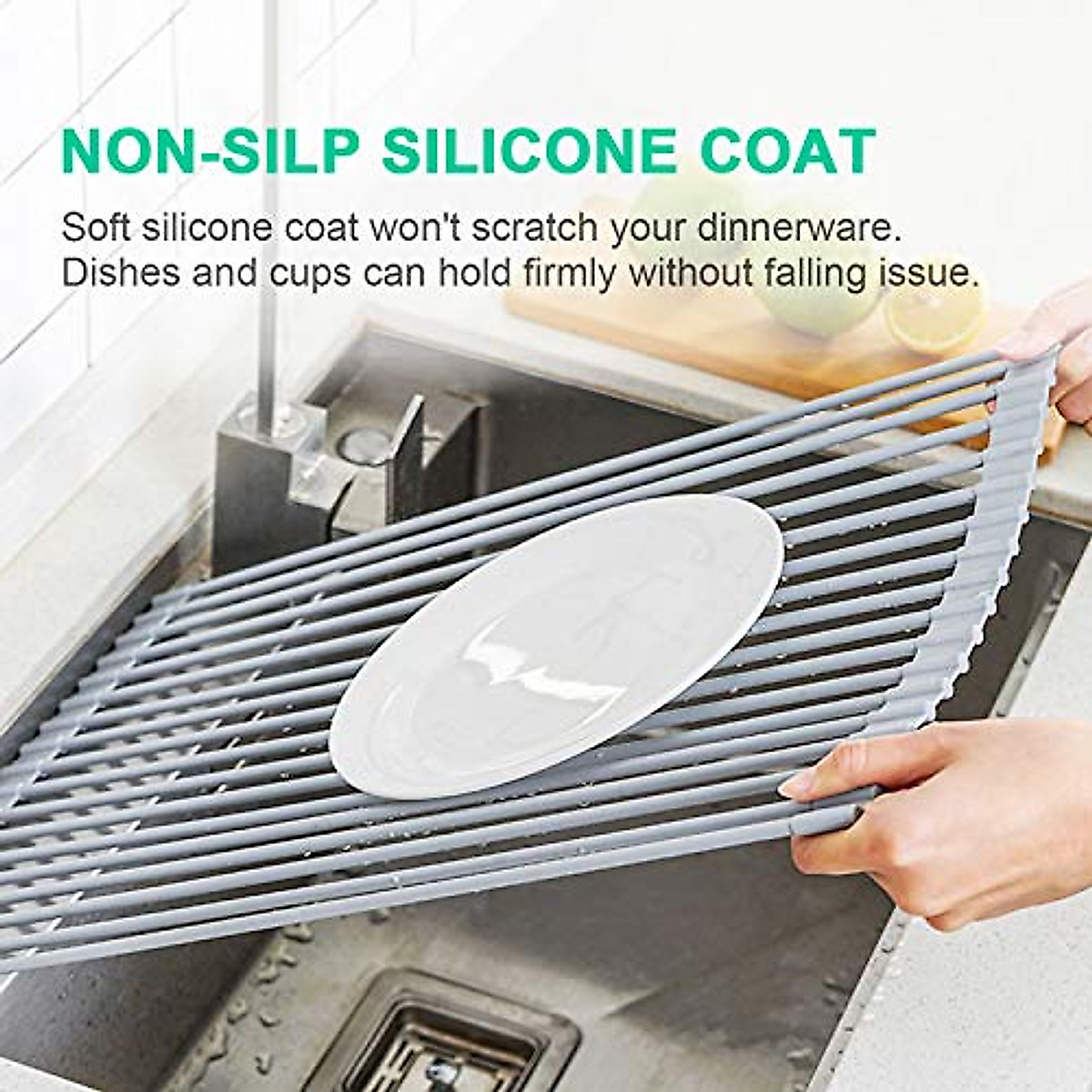 TBMax Roll Up Dish Drying Rack, Food-Grade Silicone-Coated Stainless Steel Over The Sink Rack, Heavy Duty Roll Up Sink Drying Rack