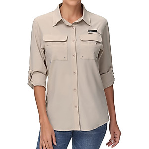 BASSDASH Women's UPF 50 Long Sleeve Fishing Hiking Button Down Shirt Performance Quick Dry FS21W Khaki