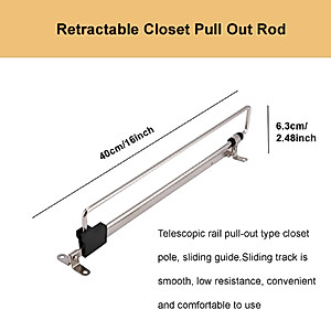 Adjustable Closet Rod, Retractable Closet Pull Out Rod Wardrobe Clothes Hanger Rail Towel, Extending Rail Pull Out Hanger Closet Valet Rod Rail Sliding, Storage Organiser(16 Inch)