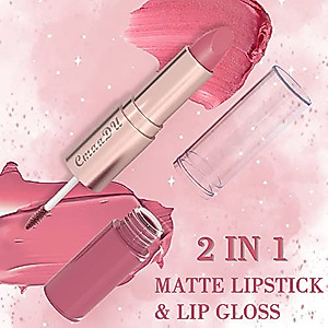 evpct 2 In 1 Deep Red Matte Lipstick & Long Lasting Smudge Proof Liquid Lipstick Lip Gloss Stain 3Pcs Set for Women Red Rose Nude Pink Matte Mate Vegan Long Lasting Lipstick 24 Hour Pack Waterproof 3