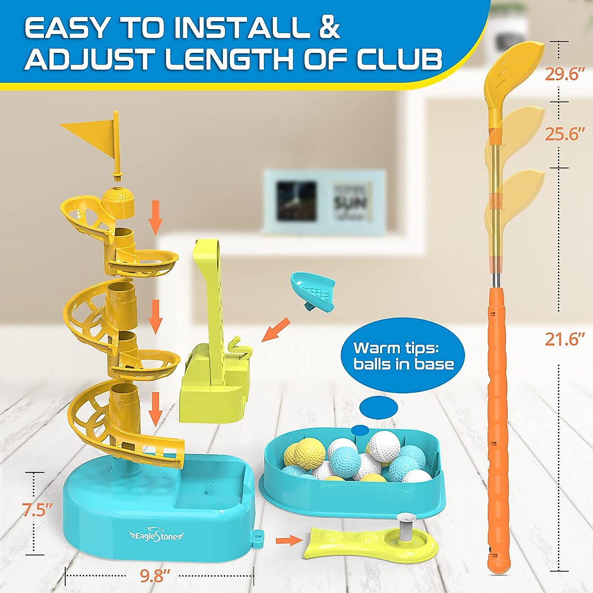 EagleStone Kids Golf Clubs Set, Outdoor Toddler Baby Golfs Set Toy W/ 2 Club Head, 15 Training Golf Balls, 4 Rings, 2 Putting Mat and 1 Holes, Indoor Sports Game for 3 4 5 6 7 8 9 Years Old Boy Girls…