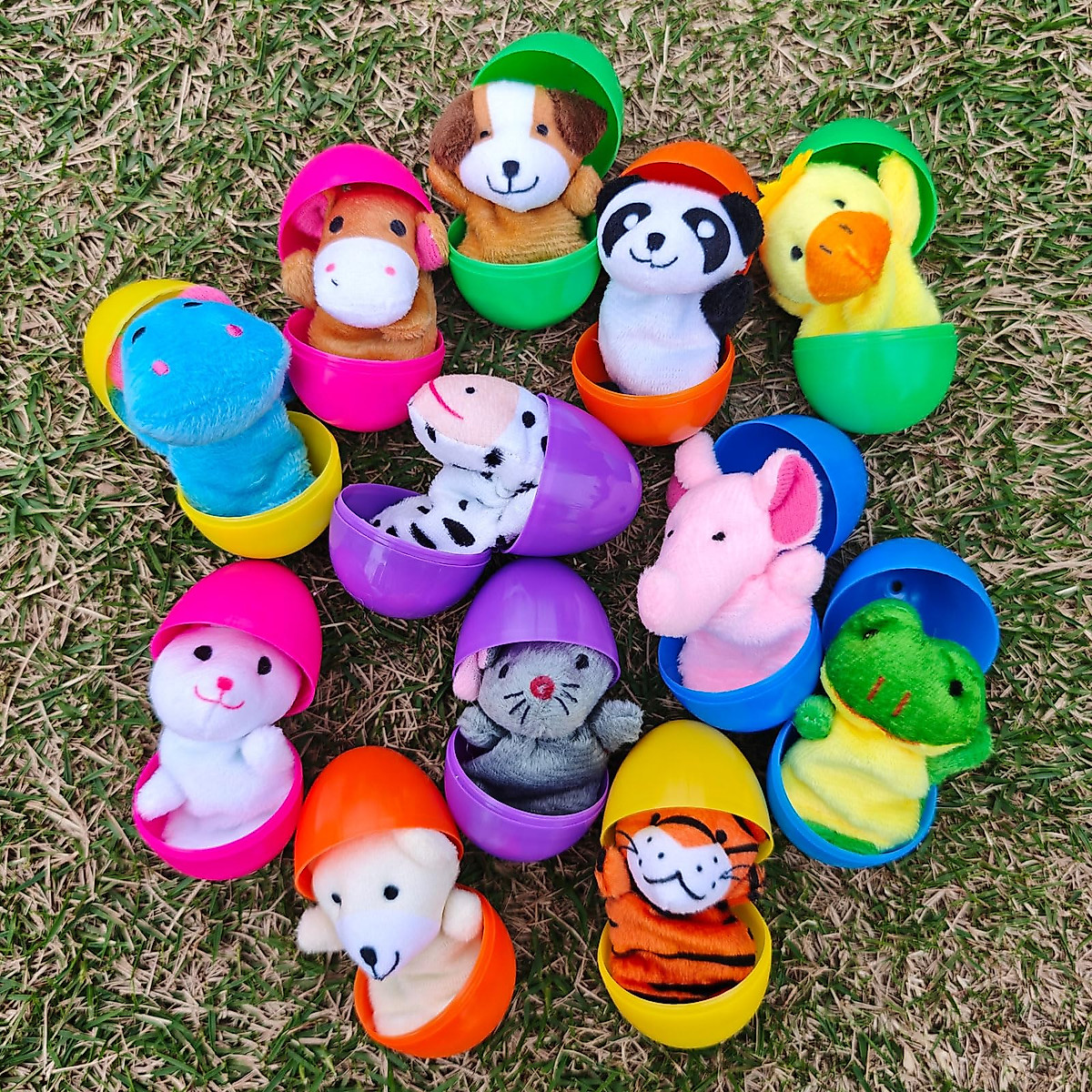 VEALIZUU 12 Pack Easter Eggs with Mini Plush Animals Finger Puppets Toys for Kids, Perfect for Easter Egg Hunt Game, Easter Party Favors, Easter Gift for Kids