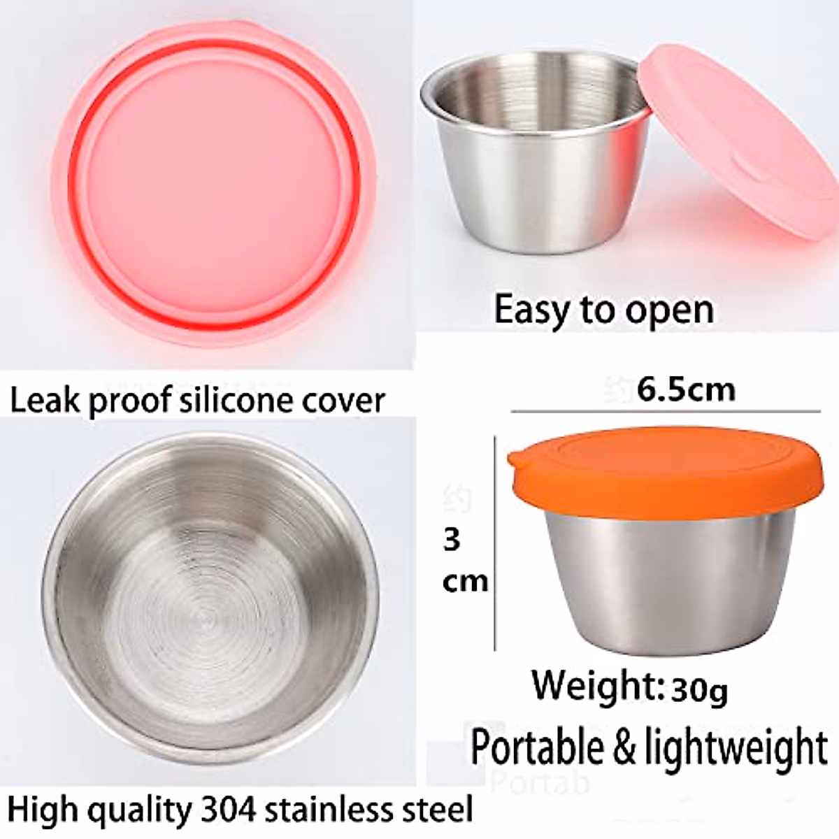 Salad Dressing Condiment Container To Go,Stainless steel Small Food Containers With Silicone Lids, Leakproof and Reusable Dipping Sauce Cups Fits in Bento Box for Picnic Travel Office, 6x1.6oz