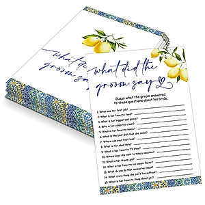 Blue Tiles and Lemons What Did the Groom Say Game for 30 Guests with Game Cards, Lemons Bridal Shower Game, Modern Bridal Shower Decorations, Wedding Shower or Bachelorette Party Supplies - 02