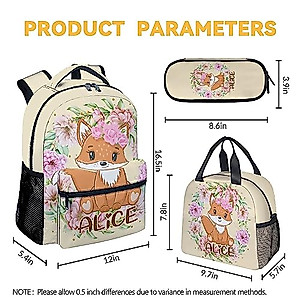 Homexzdiy Custom Cute Fox Backpack with Lunch Box Set for Girls Boys, Personalized 3 in 1 School Backpacks Matching Combo, Cute Light Yellow Bookbag and Pencil Case Bundle