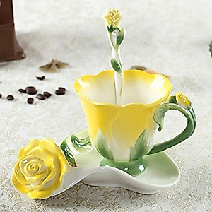 YBK Tech Creative 3D Rose Bone China Ceramic Coffee Mugs Afternoon Tea Cup and Saucer Set (Yellow)