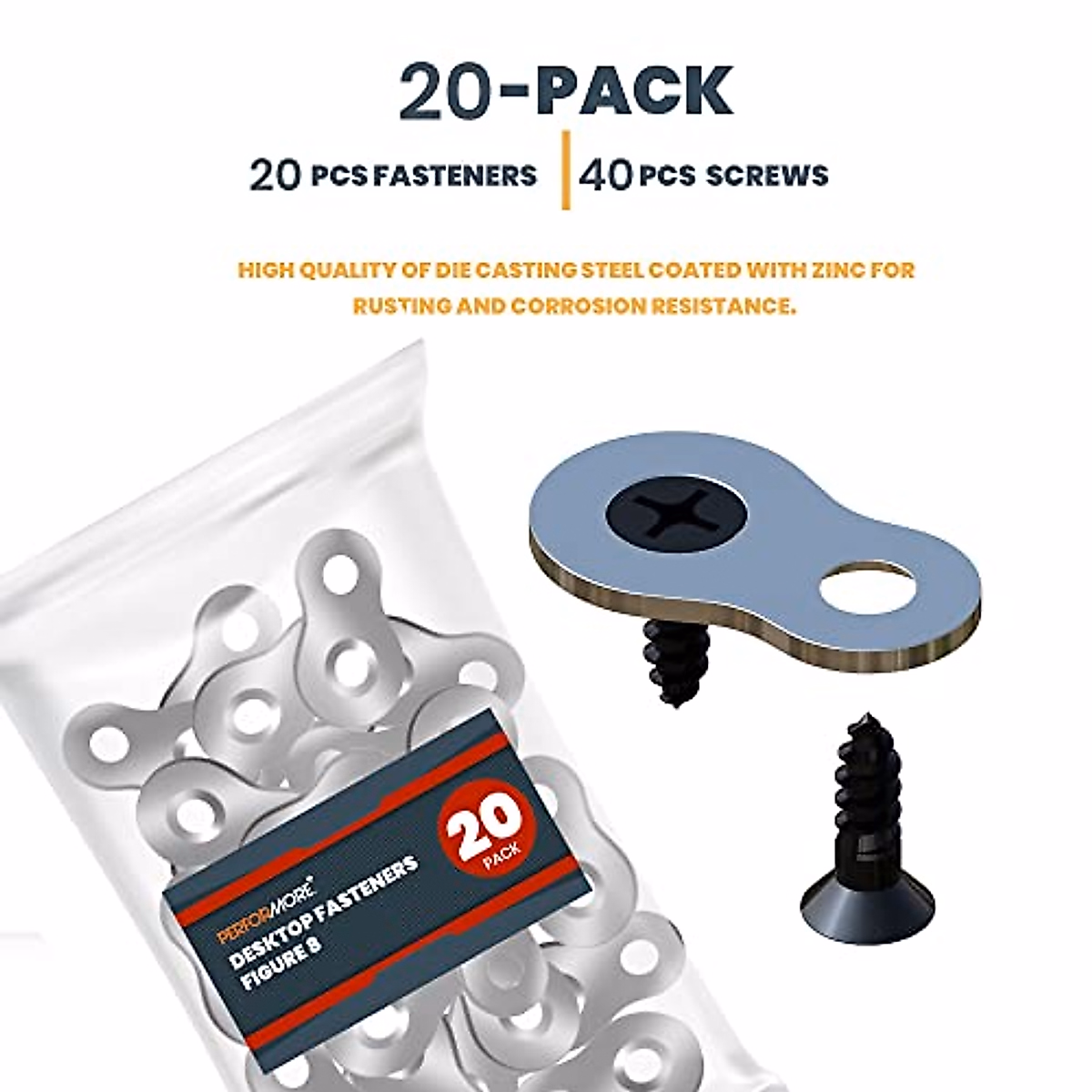 20 Pack Figure 8 Shaped Steel Desk Top Fastener Clip, Heavy Duty Figure-Eight Fasteners Table Top Connector or Desk Top Fastener Clip, Solid Steel with Nickel Screws