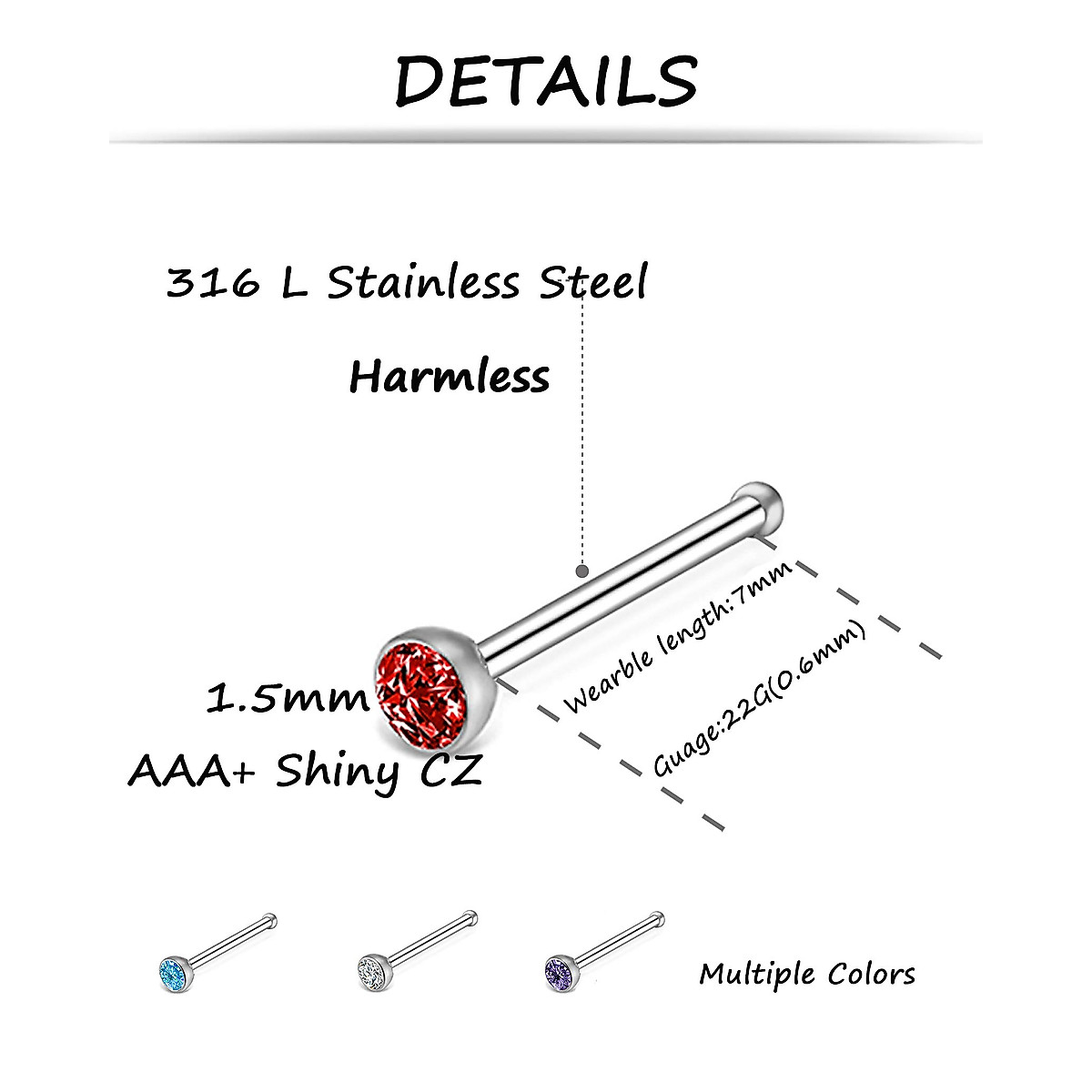 Tornito 100Pcs Bone Nose Studs Hoop Stainless Steel Nose Rings Set Multicolor Cubic Zirconia Hoop Tragus Cartilage Nose Ring Labret Nose Piercing Pin Jewelry for Women Men 1.5mm 22G