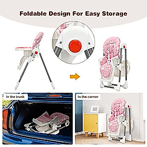 BABY JOY Folding High Chair for Babies & Toddlers, Infant Dining Chair w/Removable Dishwasher Safe Tray, 5-Point Safety Belt, Wheels, Detachable Cushion, Adjustable Backrest Footrest & Height (Pink)