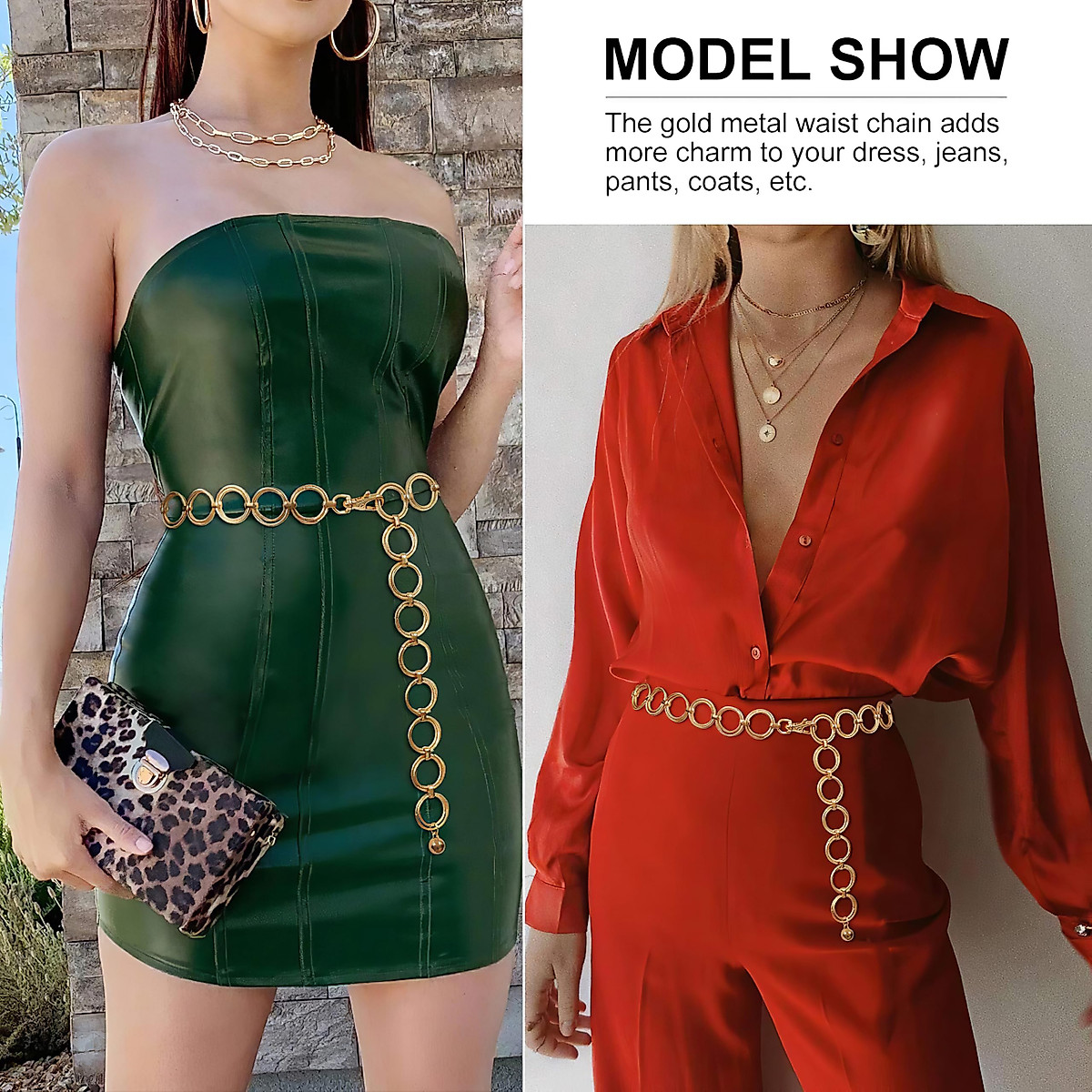 WHIPPY O-Ring Metal Waist Chain Belt Women Adjustable Body Link Belts Fashion Belly Jewelry for Jeans Dresses Gold L