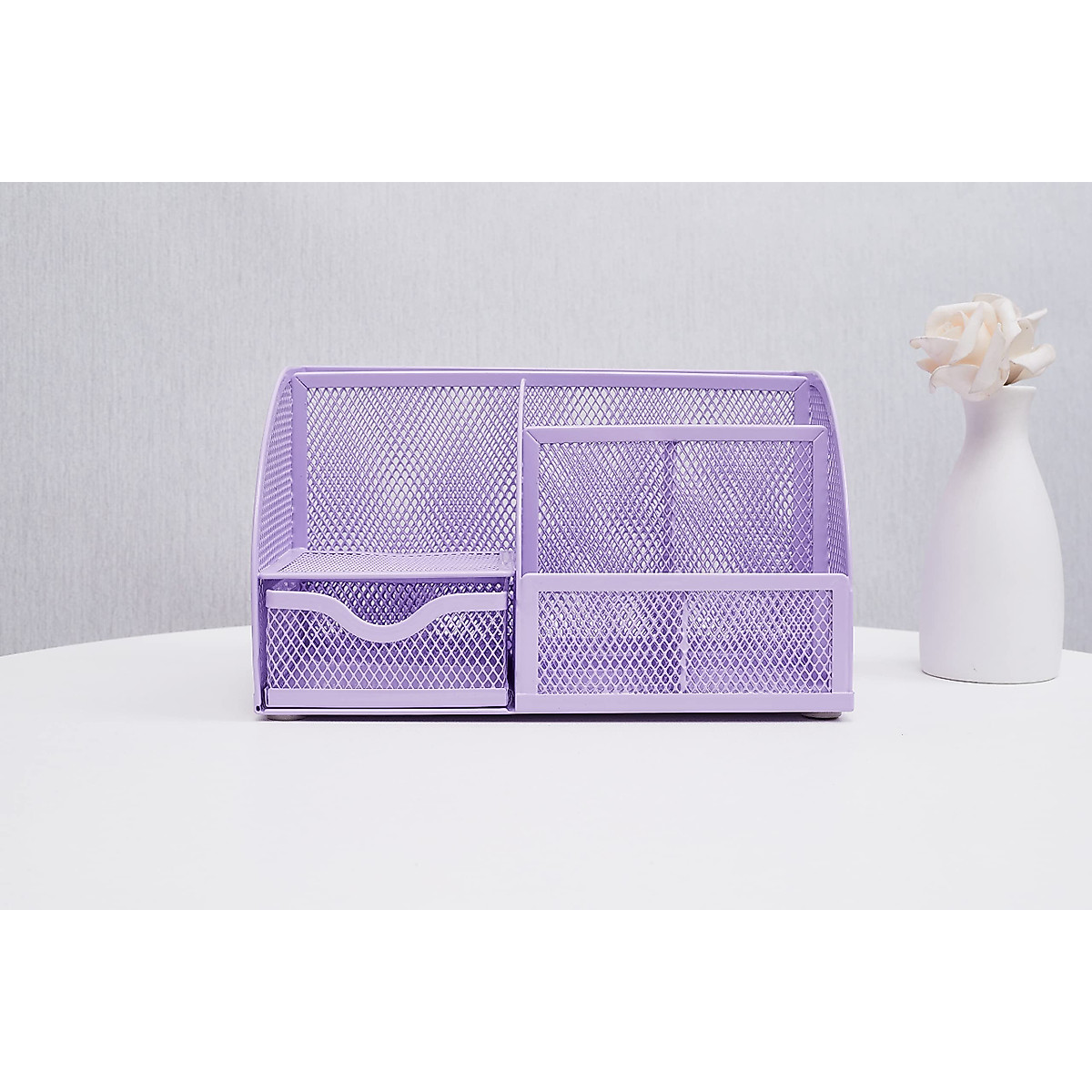 Annova Mesh Desk Organizer Office with 7 Compartments + Drawer/Desk Tidy Candy/Pen Holder/Multifunctional Organizer - Light Purple / Lavender