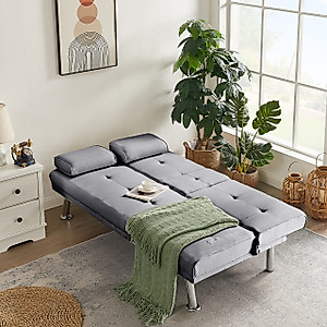 Verfur Convertible Futon Bed with Cupholders,Modern Upholstered Loveseat Sleeper, Folding Lounge Recliner Comfy Sofa & Couches with Removable Soft Armrest for Small Places, Gray